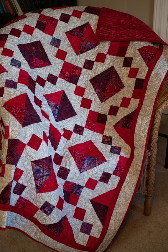 Red and cream batik quilt Jewel box design quilt geometric | Etsy