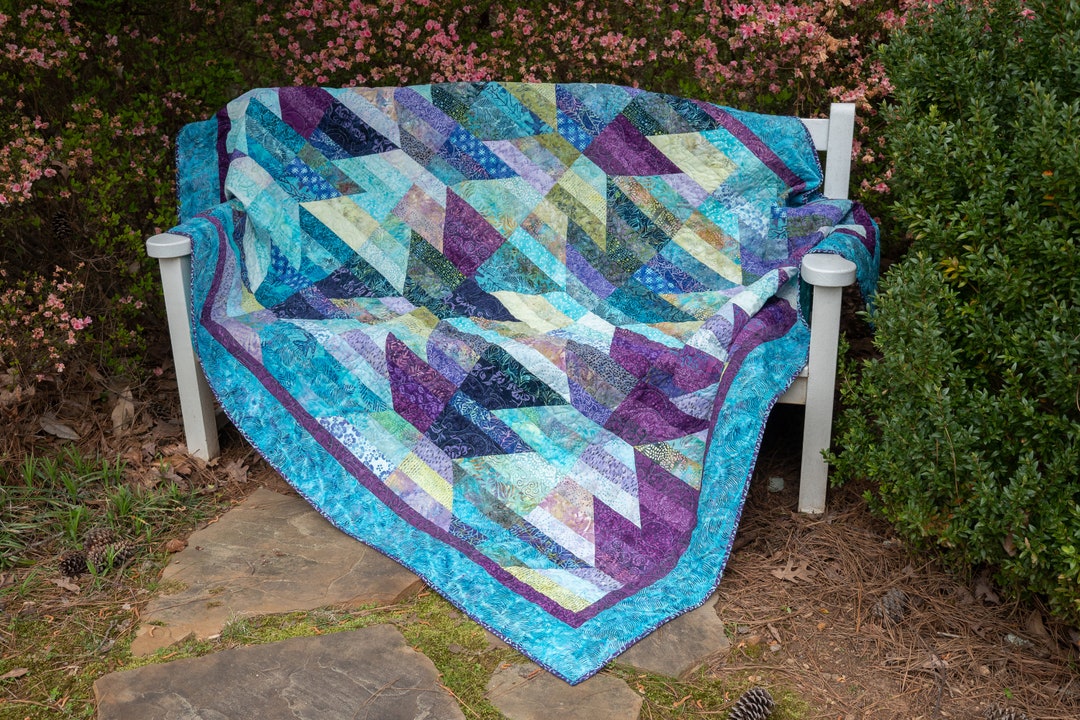 Queen Size Turquoise and Purple Batik Quilt, Geometric Quilt, Quilt for ...
