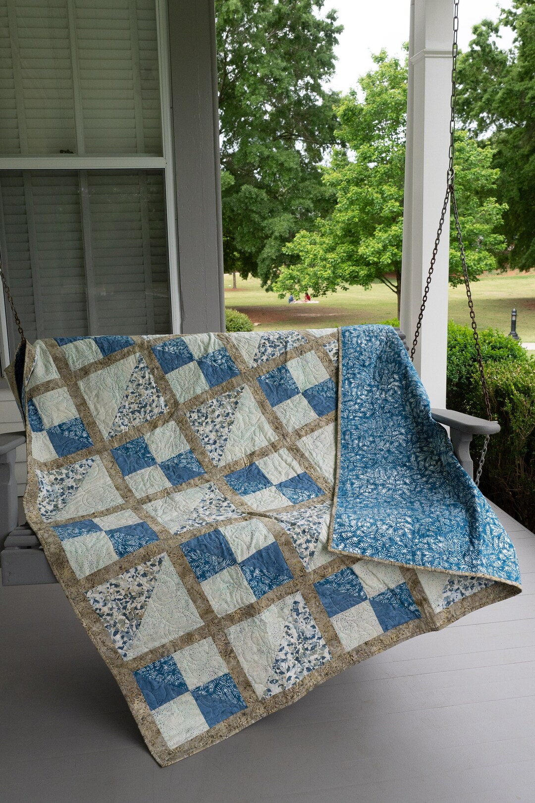 Blue and Green Ginkgo Batik Quilt Blue Geometric Batik Quilt - Etsy