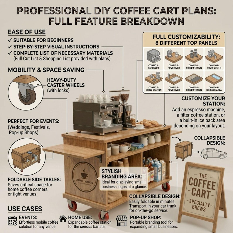 Mobile Folding Coffee Cart DIY Plans PDF | Collapsible Bar Cart for ...