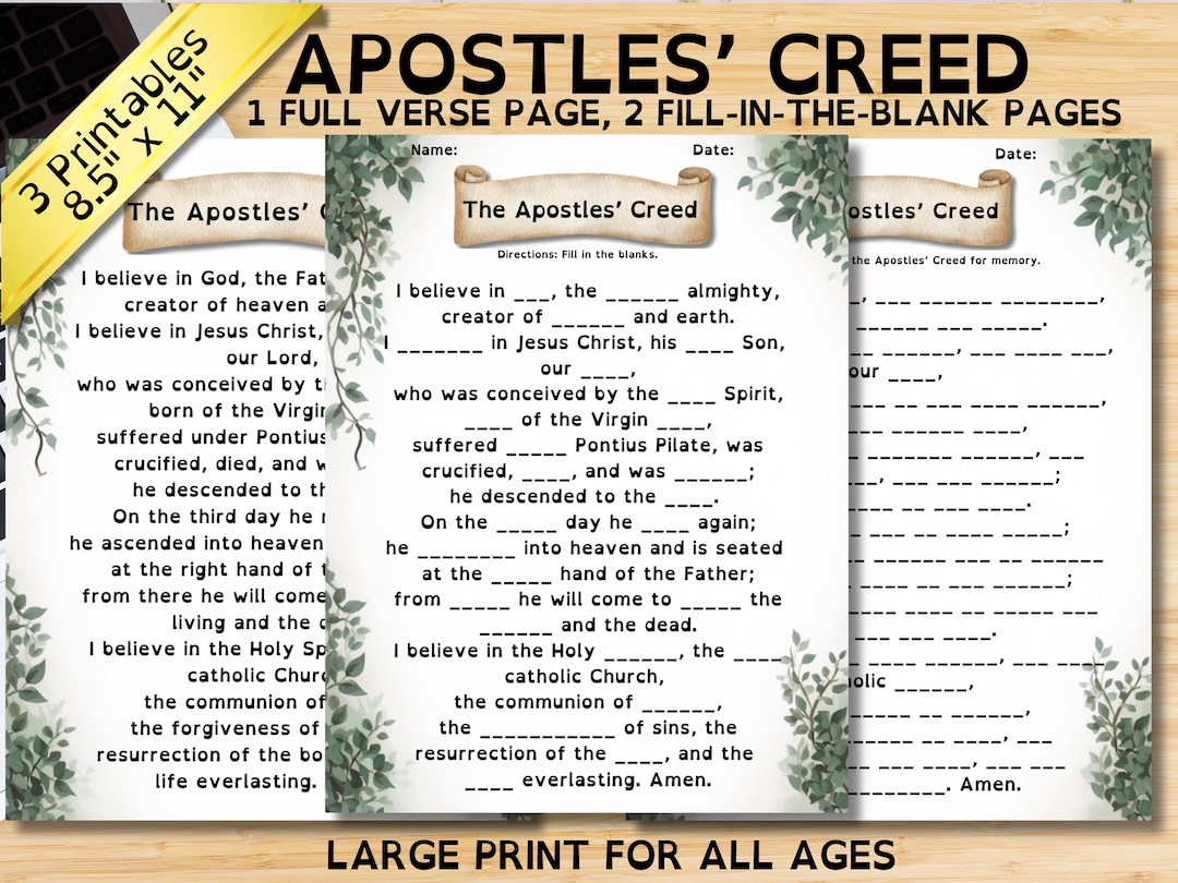 Apostles' Creed Bible Worksheets (set of 3) PDF Instant Printable Fill ...