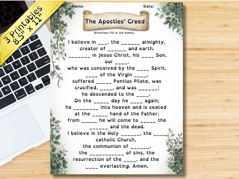 Apostles' Creed Bible Worksheets (set of 3) PDF Instant Printable Fill ...