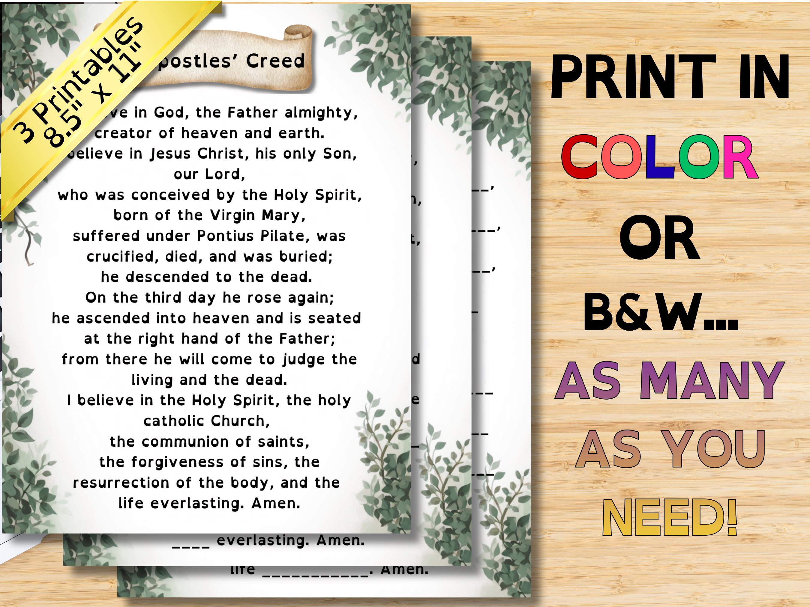 Apostles' Creed Bible Worksheets (set of 3) PDF Instant Printable Fill ...