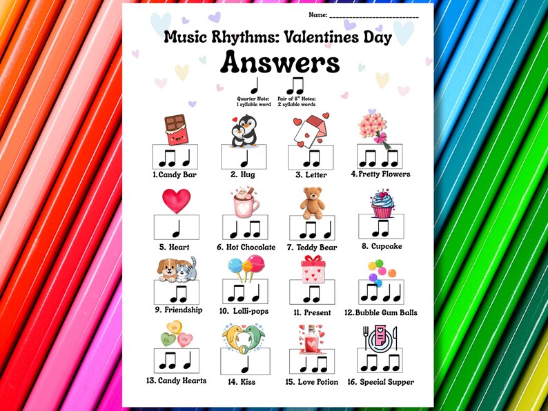 Elementary Rhythm Activity for Valentines Day and Answer Sheet (PDF ...