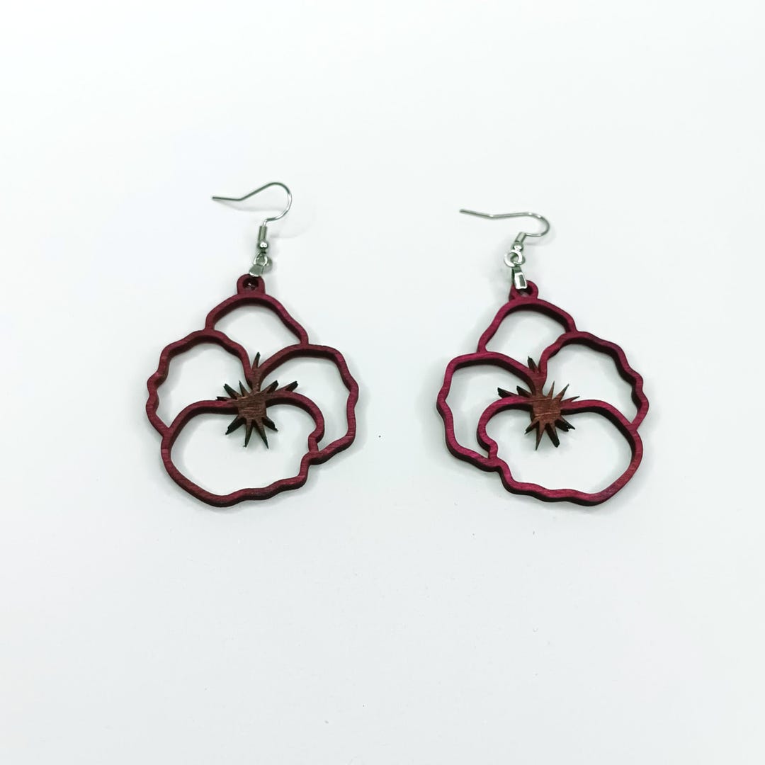 Maroon Wood Pansy Earrings | Lightweight Flower Dangles, Handmade - Etsy