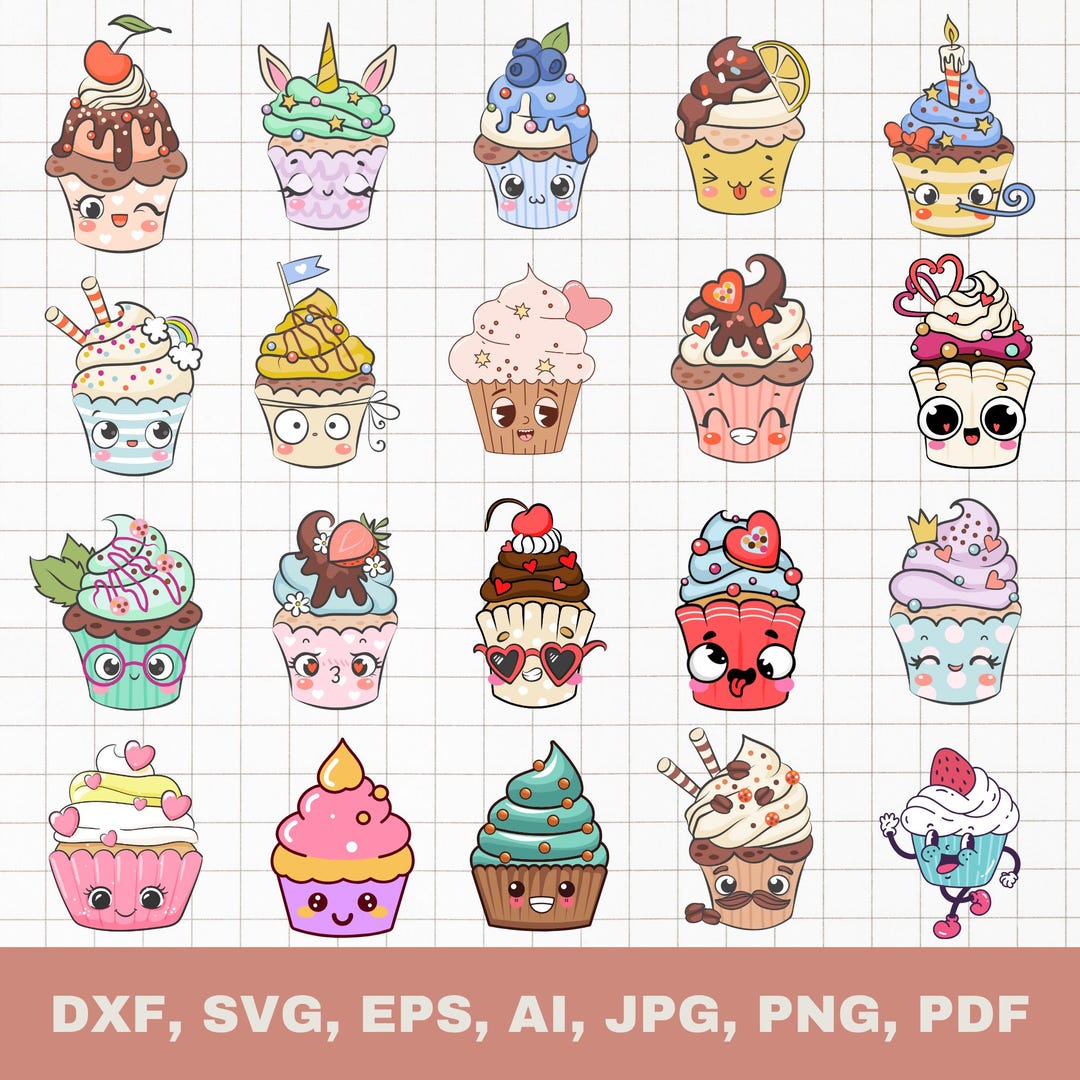 Kawaii Cupcake PNG Bundle | 20 Cute Dessert Clipart | Transparent ...