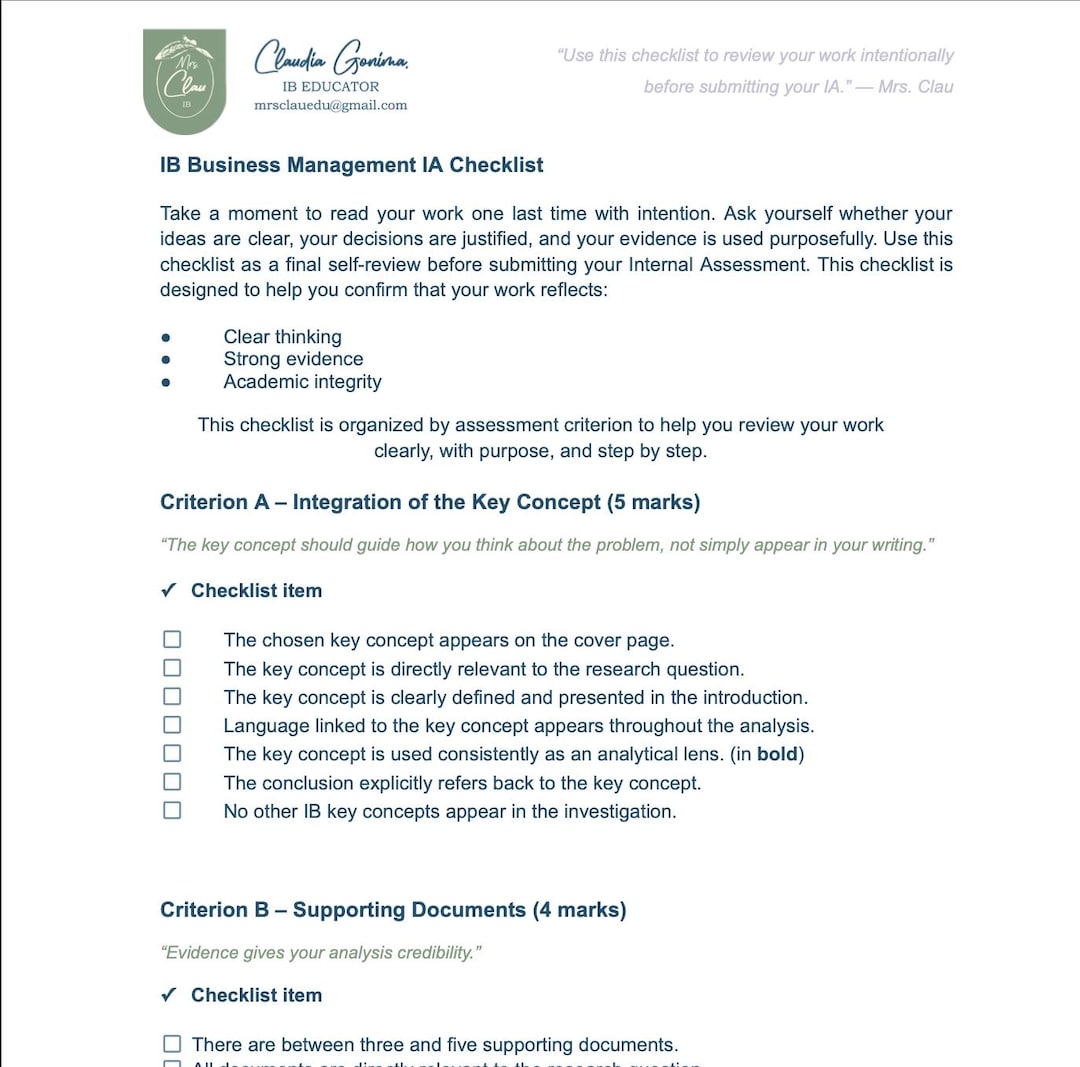 IB Business Management Internal Assessment Toolkit, Checklist, Grading ...