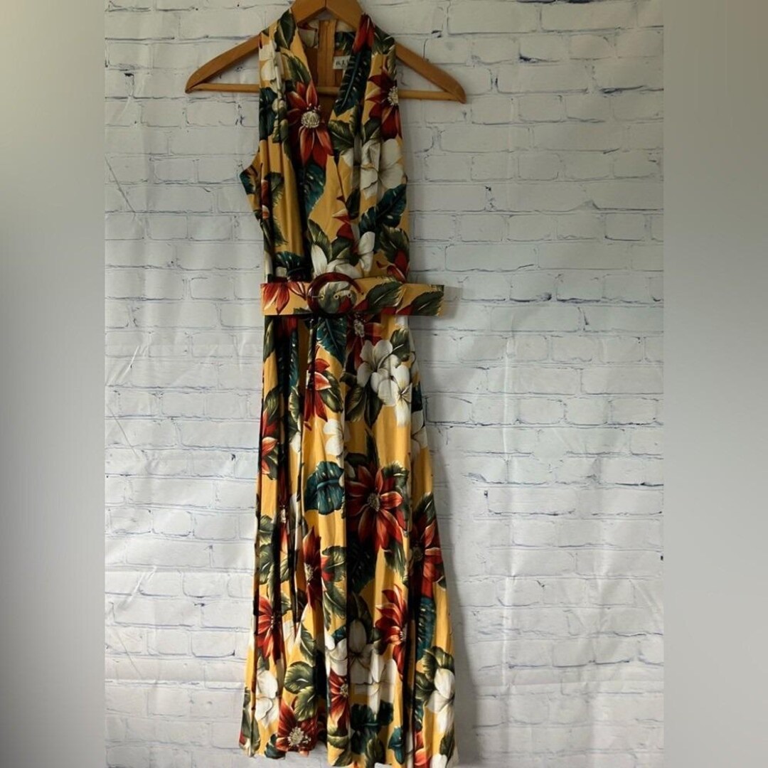 VTG Floral Halter Dress With Half-moon Belt Buckle Sz 6 Vacation Beach ...
