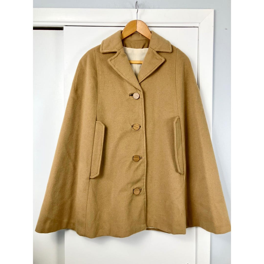 Vintage Camel Wool Cape Coat Collared Button Front Pockets - Etsy