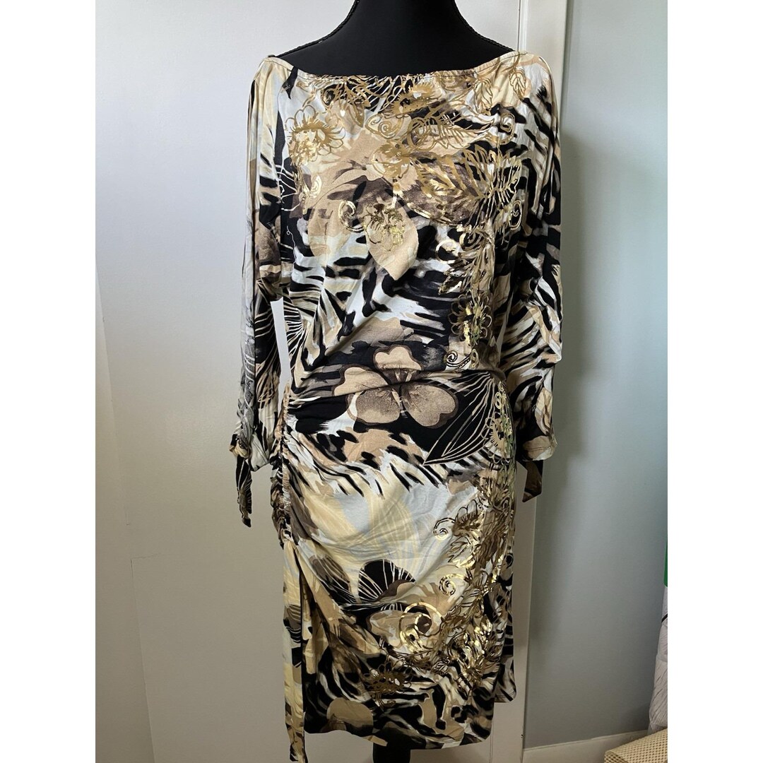 Vintage Cache Animal Print Stretch Black Gold Evening Dress Sz Large ...