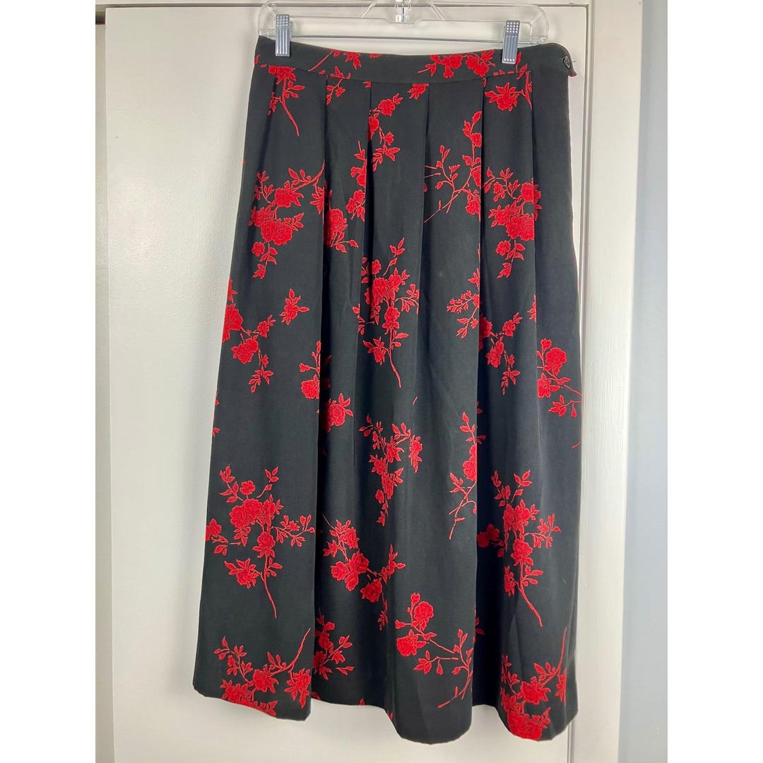 Vintage KORET PETITES Black Red Floral Pleated Midi Skirt Size 16 - Etsy