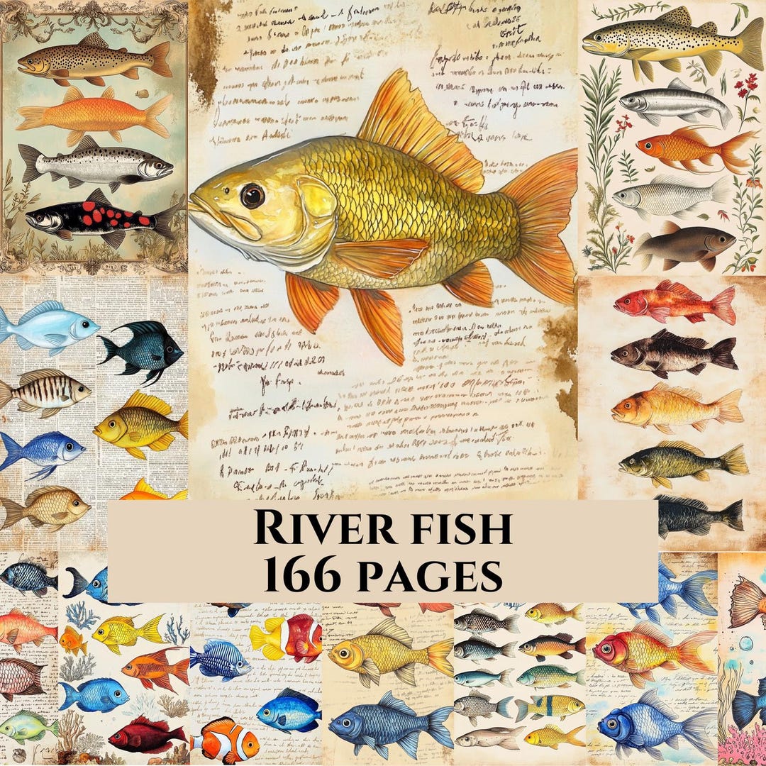 Fish Junk Journal Paper, Fish Digital Papers, Fish Digital Art, River ...
