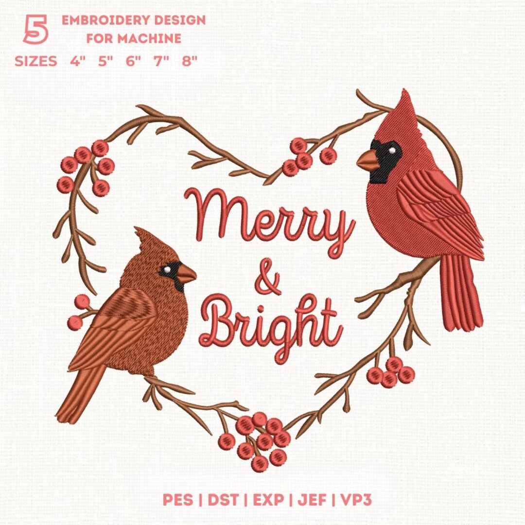 Cardinal Embroidery Design, Cardinals Heart Wreath Machine Embroidery ...