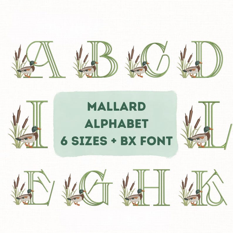 Mallard Duck Alphabet Embroidery Font, Cattail Monogram Letters ...