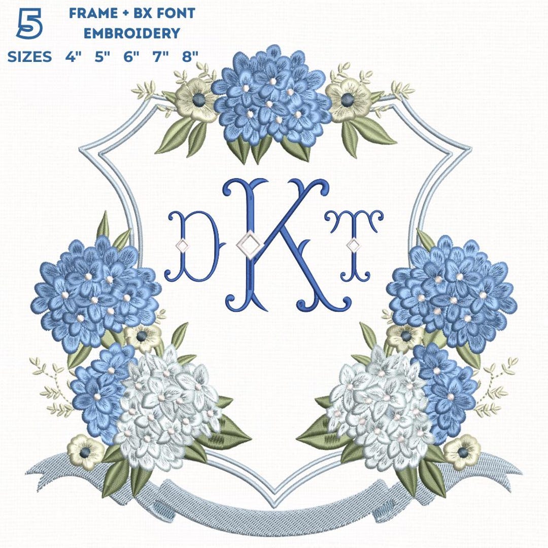 Blue Hydrangea Floral Crest + Fishtail Diamond Embroidery Font, Classic ...