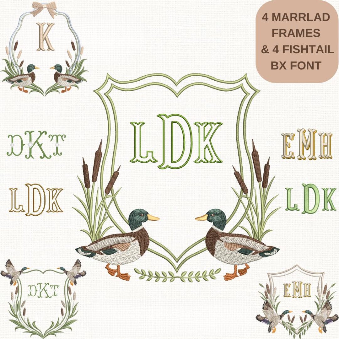 4 Mallard Frames & 4 Fishtail BX Font Bundle, Duck Embroidery ...