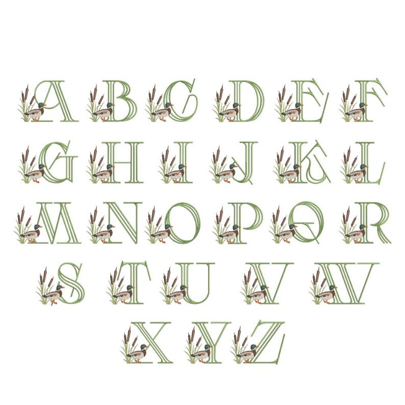 Mallard Duck Alphabet Embroidery Font, Cattail Monogram Letters ...