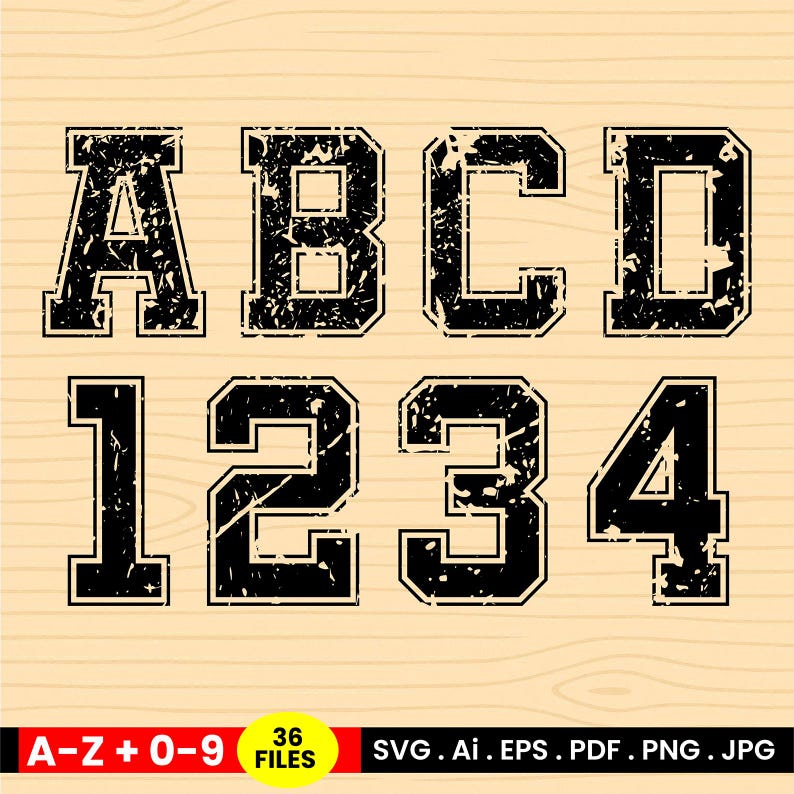 Varsity Distressed Alphabet SVG A–Z and 0–9 | Grunge Sports Jersey ...
