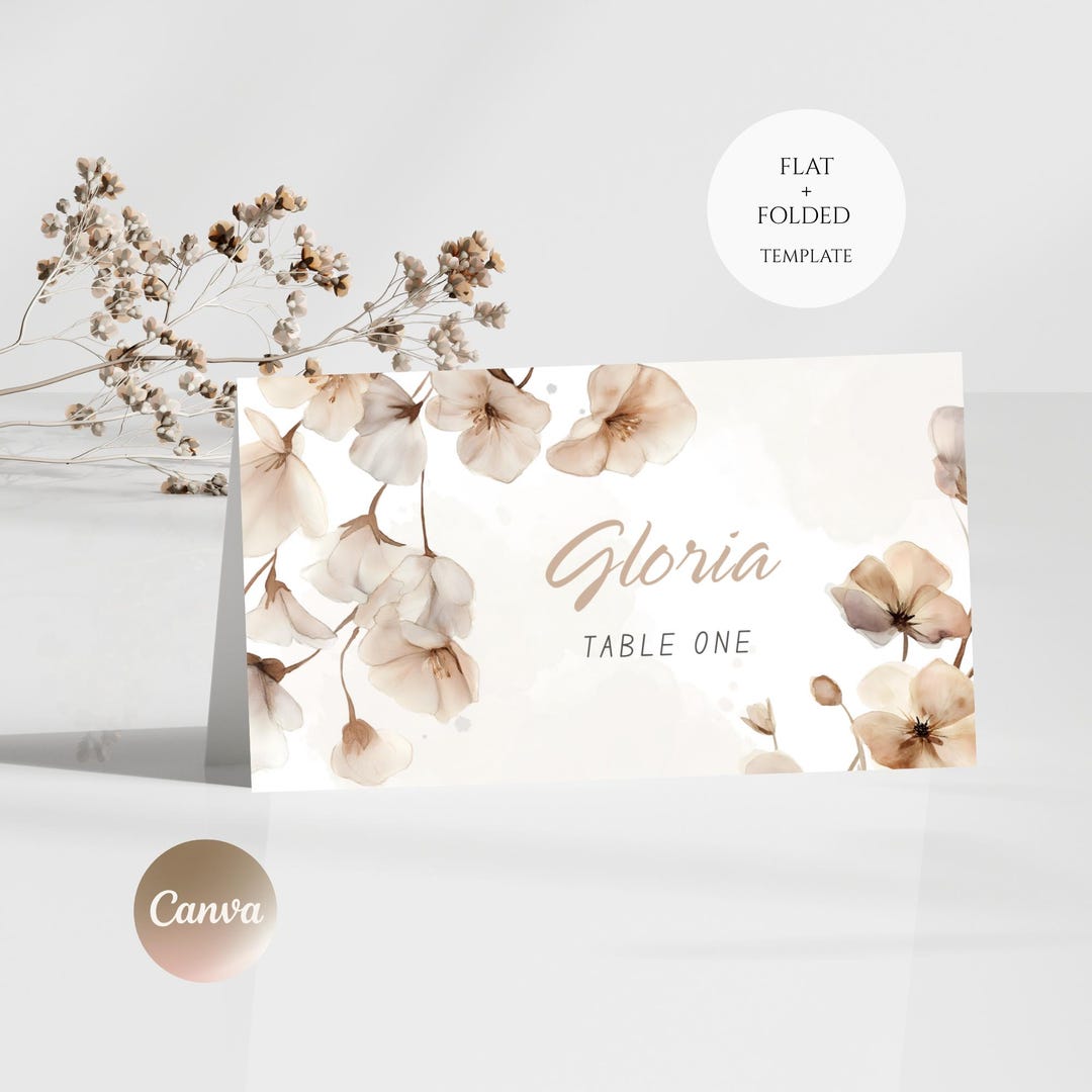 Beige Boho Place Card Template, Editable Floral Name Card (canva) - Etsy