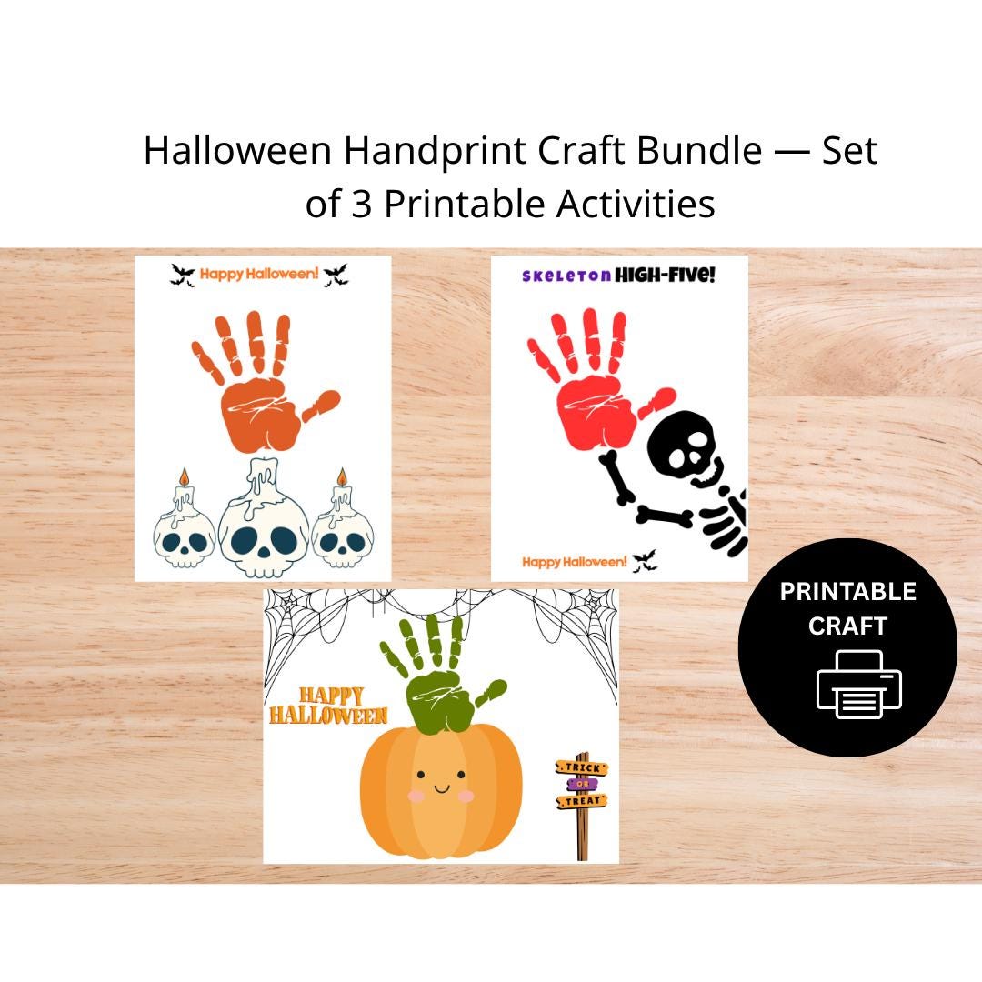 Halloween Handprint Art: Skeleton, Pumpkin & Candle (set of 3 PDF ...