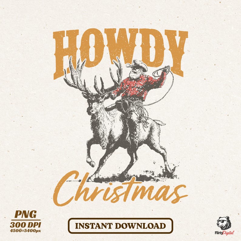Howdy Christmas PNG, Cowboy Santa Riding Elk, Western Vintage ...