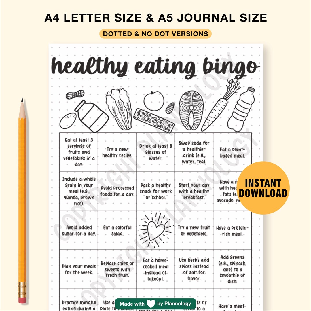 Healthy Eating Bingo Game Printable Journal Page Nutrition Bingo Game ...