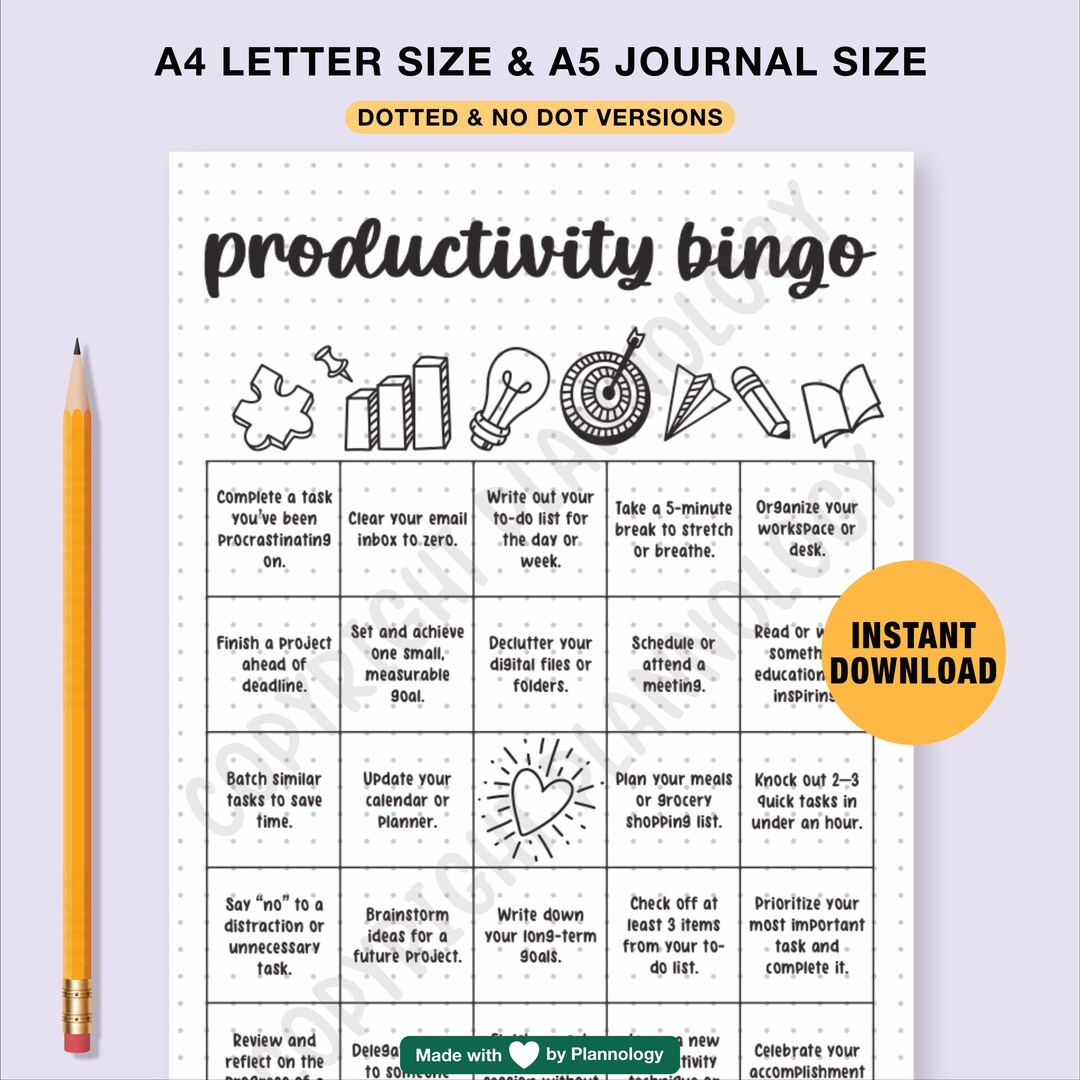 Productivity Bingo Game Printable Journal Page Work Bingo Game ...