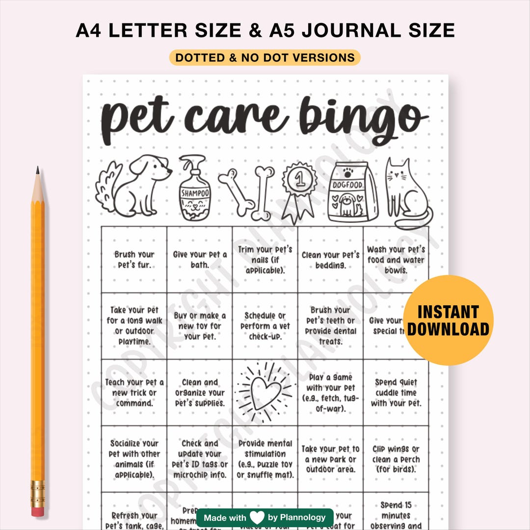 Pet Care Bingo Game Printable Journal Page Pet Bingo Game Pet Care ...