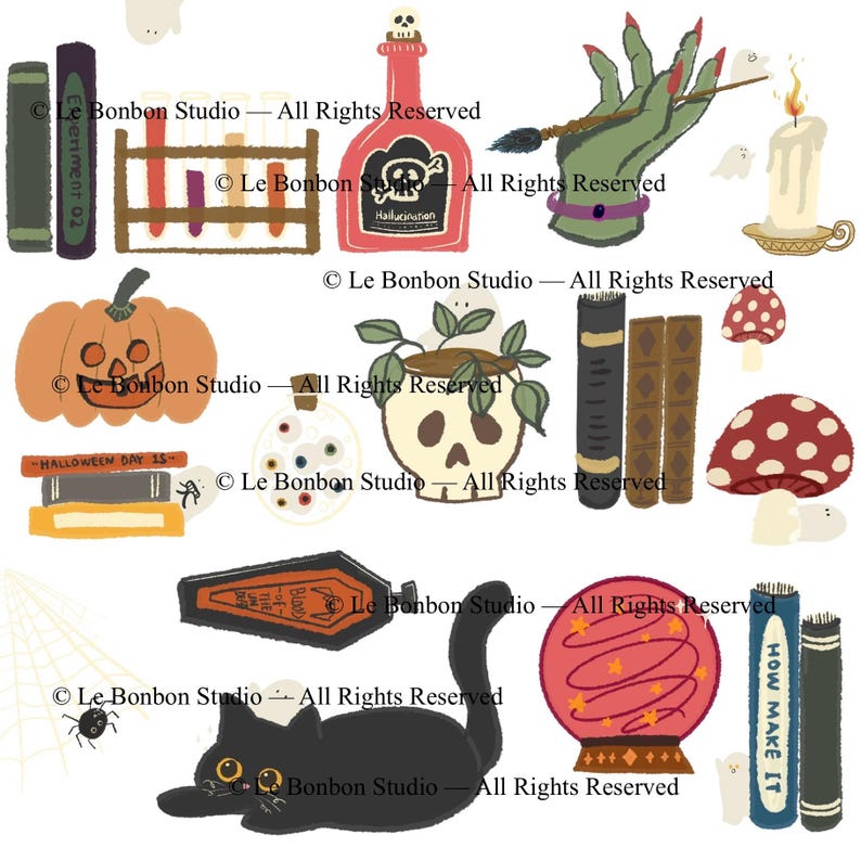 Witch’s Shelf Halloween Clipart Set | Hand-drawn Magic Potion, Books ...
