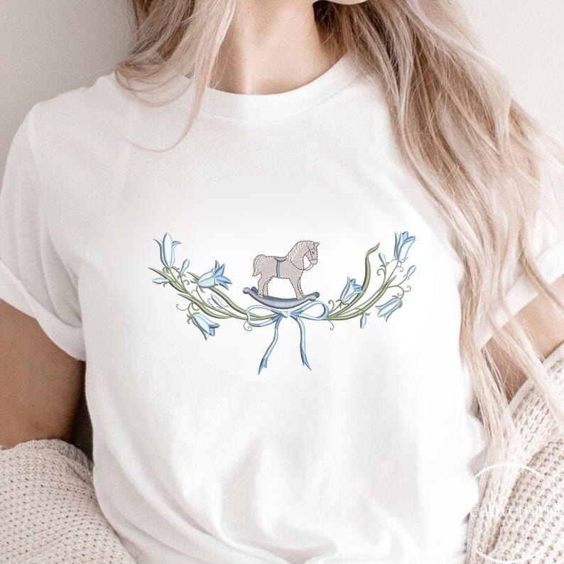 Floral Rocking Horse Embroidery Design, Coquette Bow Frame (digital ...