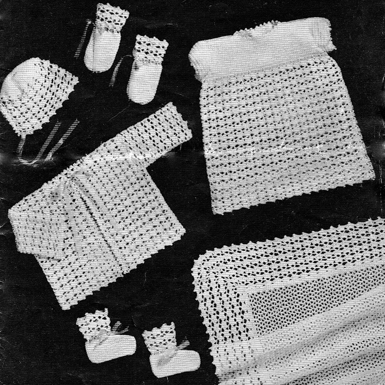 Crochet Baby Layette Set Matinee Bonnet Dress Blanket Mittens Booties ...