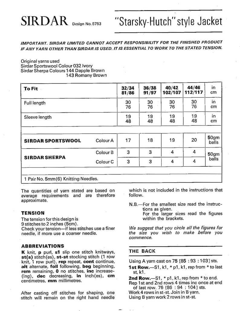 Starsky and Hutch Cardigan Vintage Knitting Pattern PDF (T171) 1970s ...