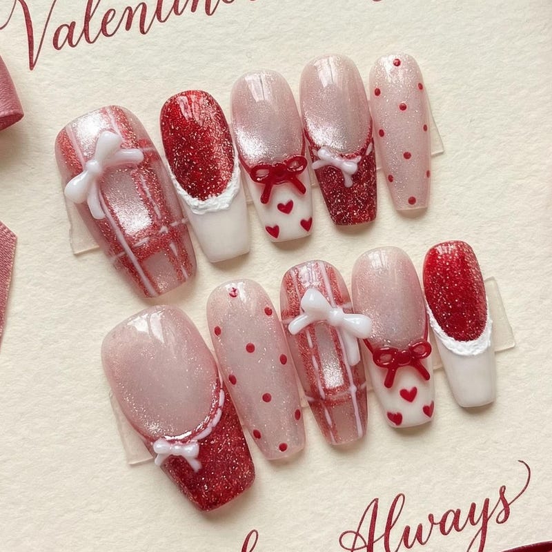 Red Nails and White Bows - Etsy