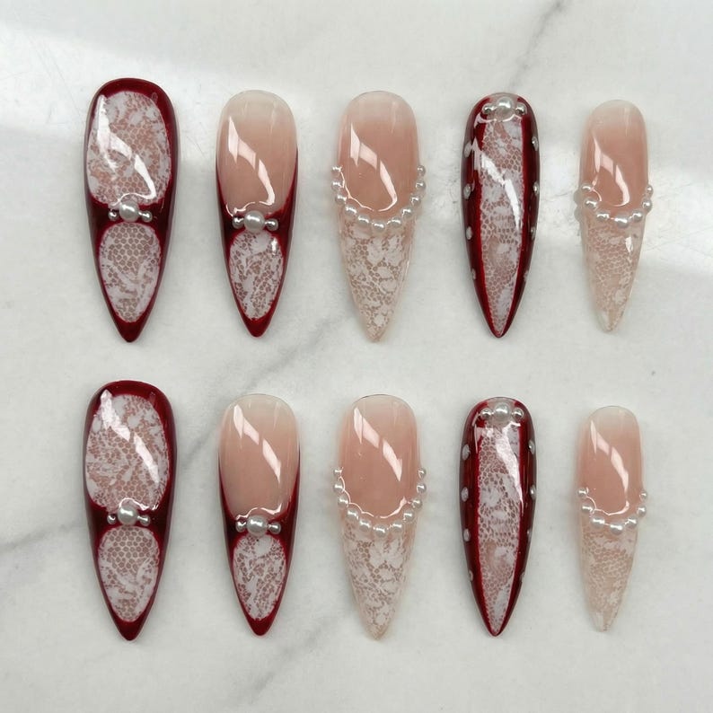 Red Lace Press on Nails: Pearl French Unique Elegant Vintage Coquette ...