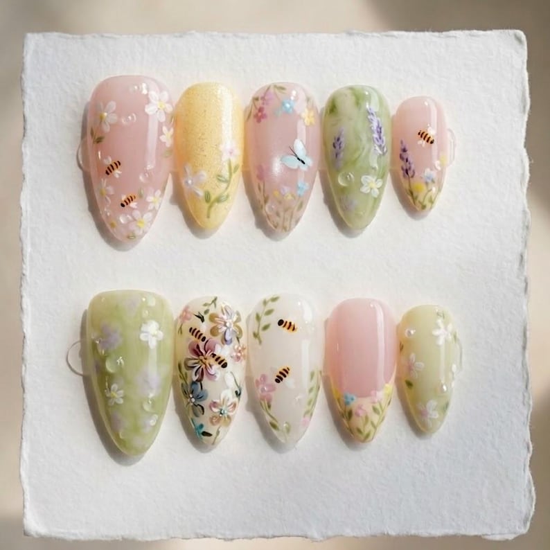 Spring Garden Press on Nails: Bumble Bee Floral Almond Tips - Etsy