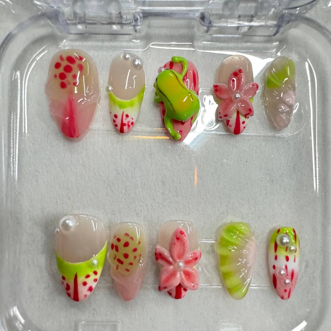 Fairycore Frog Press on Nails: 3D Frog Princess Pastel Pink Green Nail ...