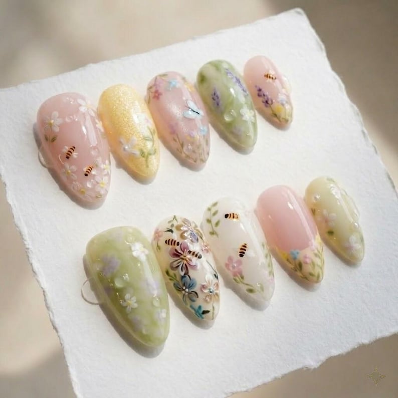 Spring Garden Press on Nails: Bumble Bee Floral Almond Tips - Etsy