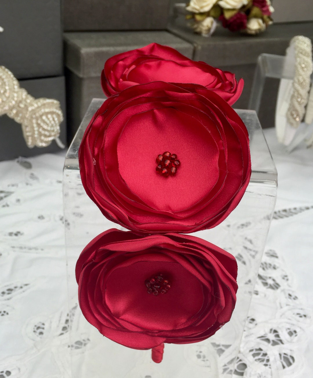 Ruby Red Satin Flowers With Bead Centres on Red Ribbon Band. - Etsy