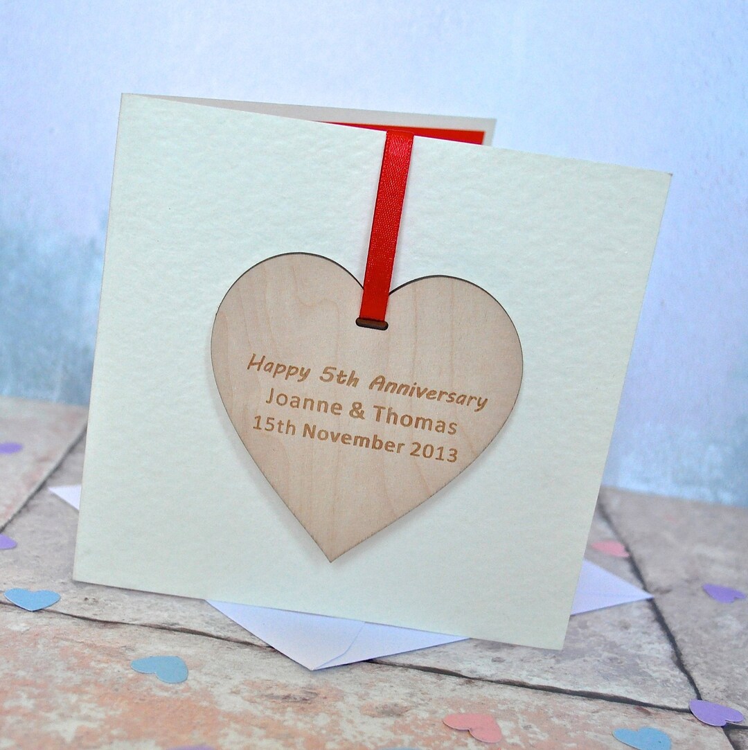 Personalised Anniversary Wooden Heart Decoration Card, Custom Hanging ...