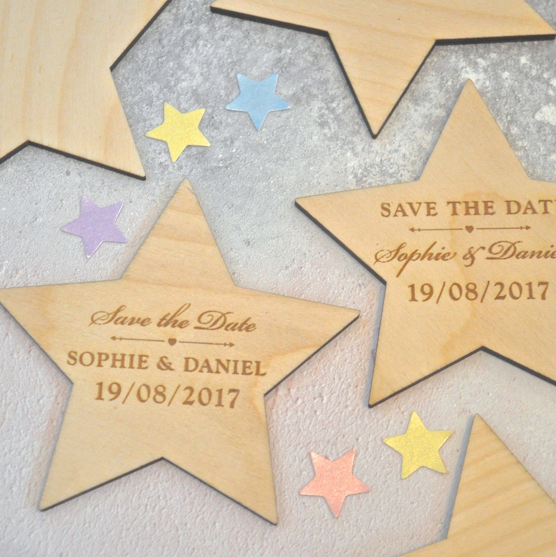 Save the Date Star Wooden Magnet, Engraved Invitations - Etsy
