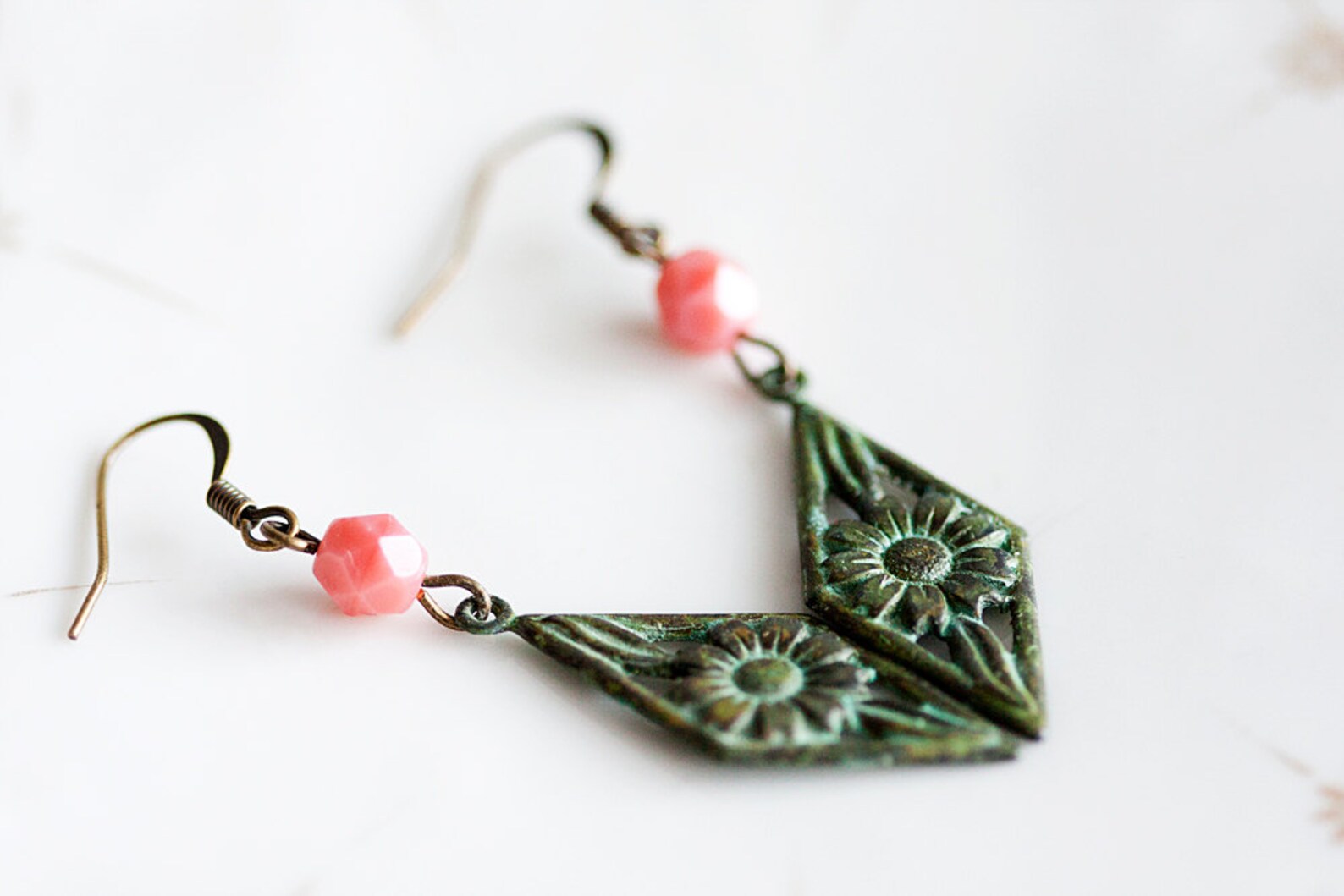 Verdigris Patina Flower Earrings – Bohemian Coral Drops - E104 - Etsy