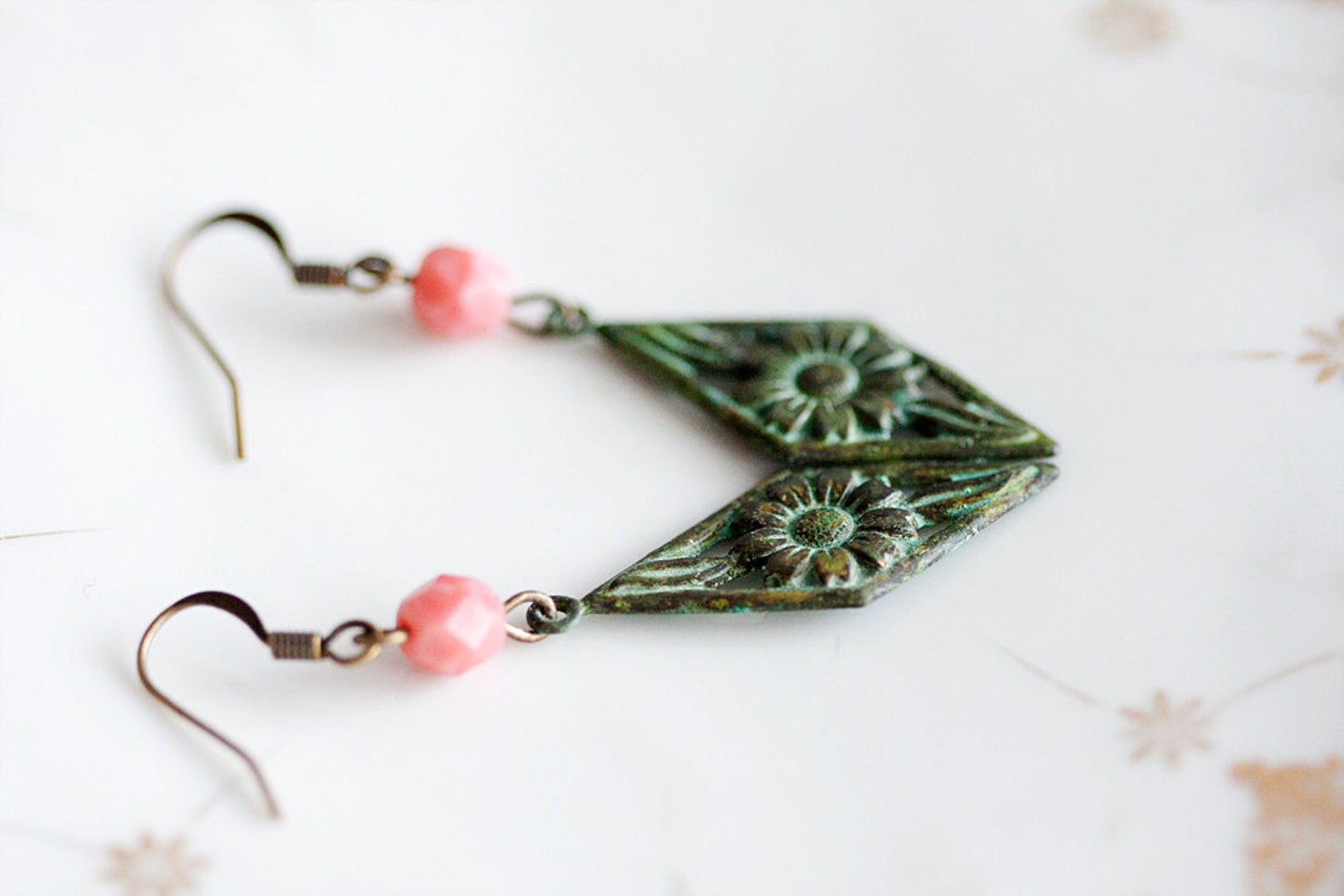 Verdigris Patina Flower Earrings – Bohemian Coral Drops - E104 - Etsy
