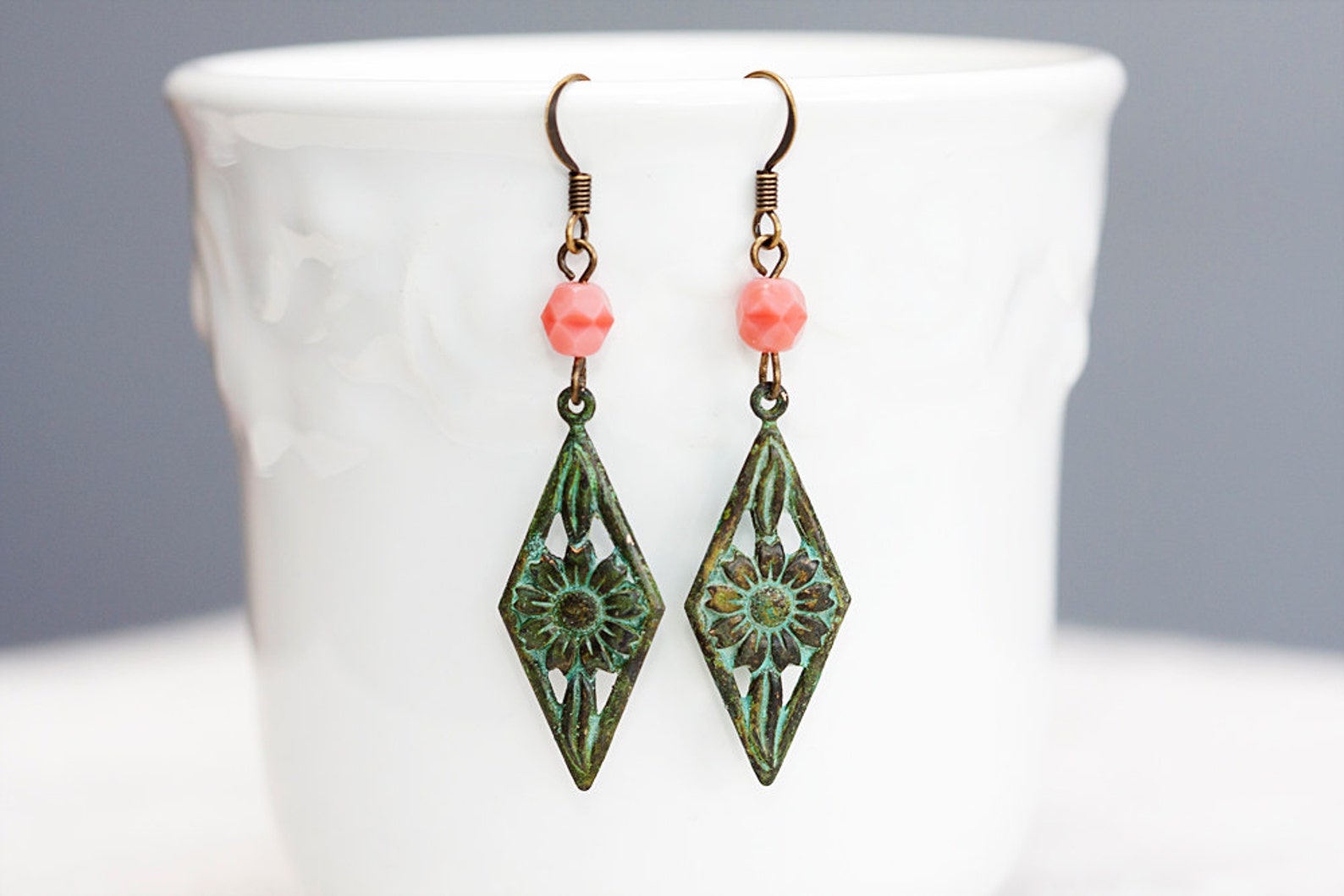 Verdigris Patina Flower Earrings – Bohemian Coral Drops - E104 - Etsy