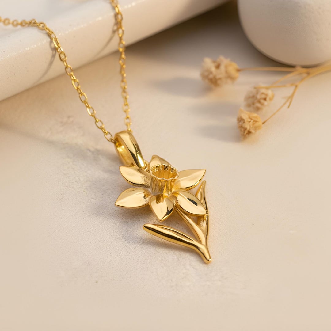 Daffodil Flower Necklace | 14K Gold Plated Silver Jewelry | Nature ...