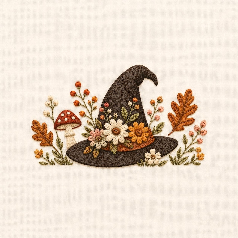 Floral Witch Hat Embroidery Design, Halloween Cottagecore Mushroom ...