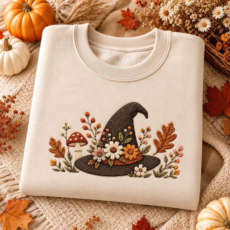 Floral Witch Hat Embroidery Design, Halloween Cottagecore Mushroom ...