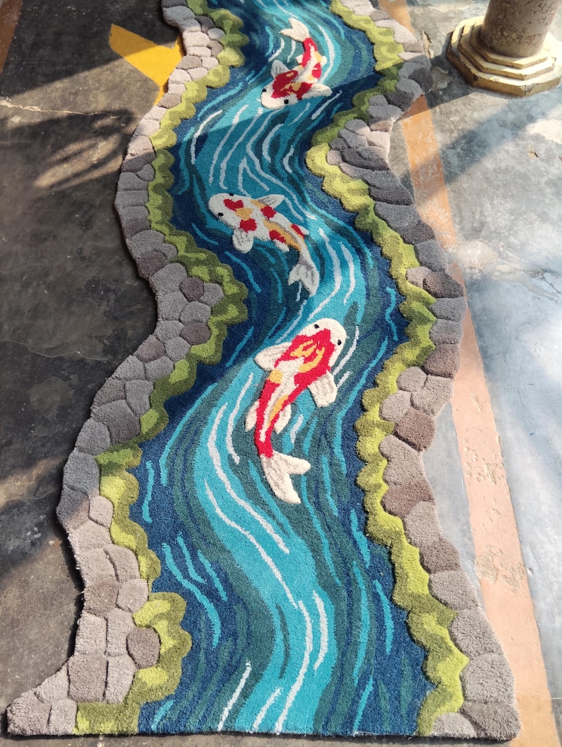 Koi Fish River Rug | 3D Hand Tufted Wool Carpet | Nature Inspired ...