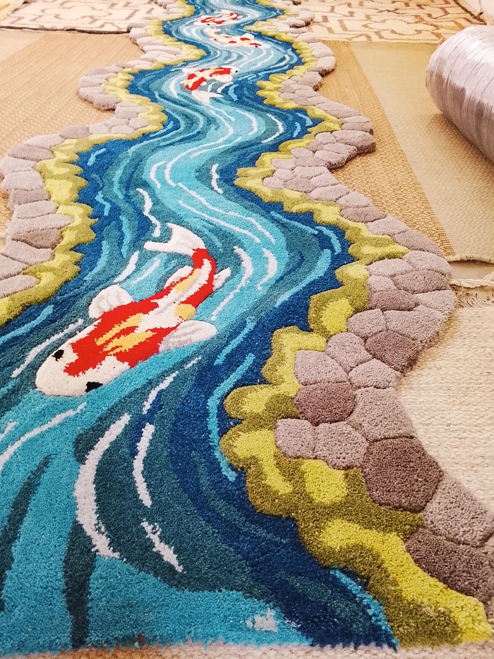 Koi Fish River Rug | 3D Hand Tufted Wool Carpet | Nature Inspired ...