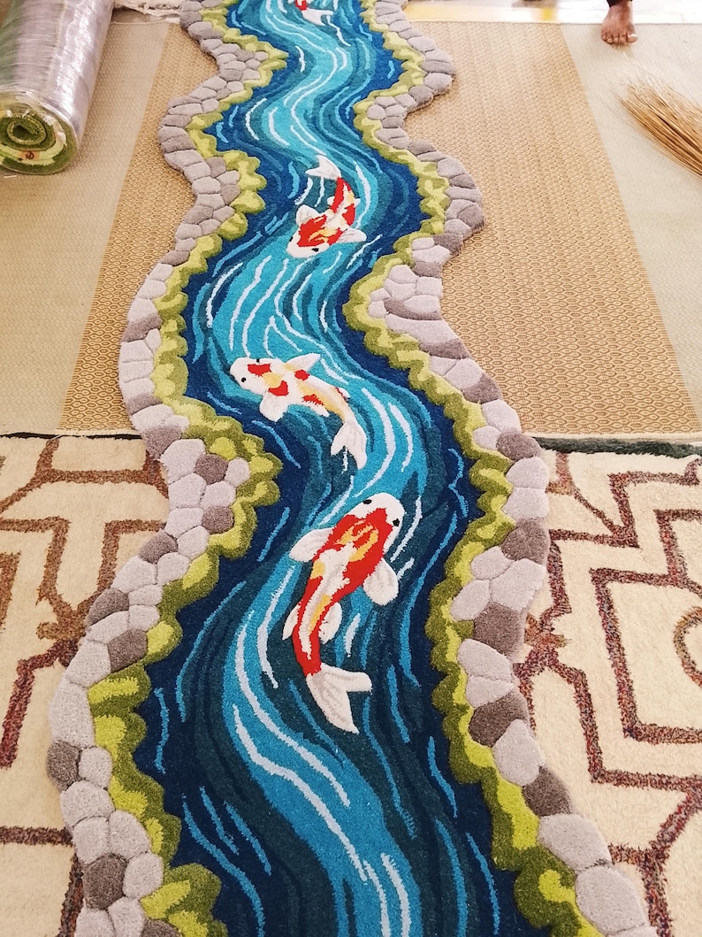 Koi Fish River Rug | 3D Hand Tufted Wool Carpet | Nature Inspired ...