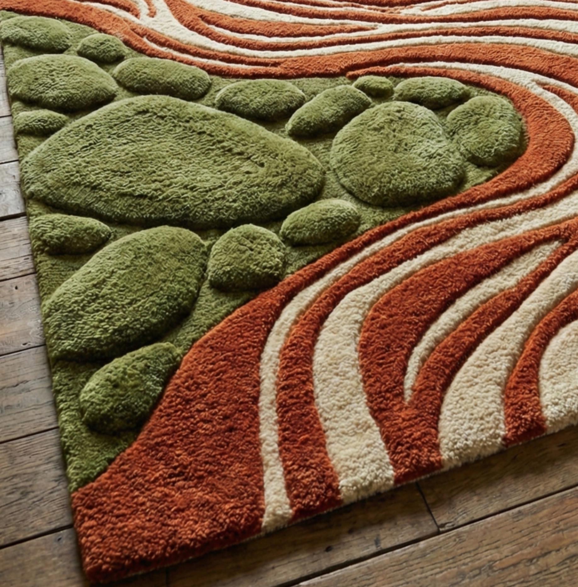River Flow Koi Fish Hand-tufted Rug Textured Nature-inspired Moss Green ...